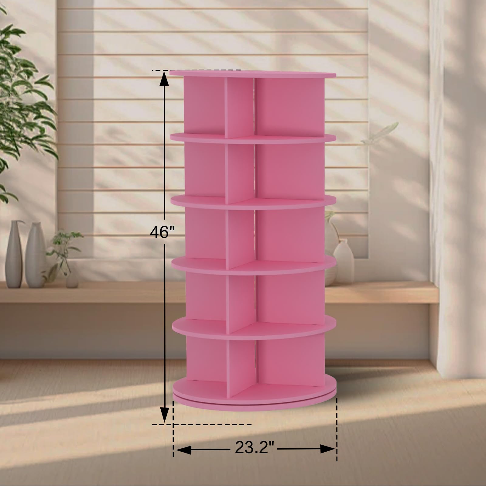 DOLEMODUO 5 Tier Rotating Shoe Rack Storage Tower, 360° Revolving Pink Spinning Shoes Display Rack Round Carousel for Entryway Hallway