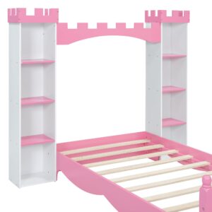 VilroCaz Castle-Shaped Wooden Platform Bed with Storage Shelf, Dreamy Twin Size Kids Platform Bed for Girls Boys Bedroom, Sturdy Slats Support (White+Pink Castle)