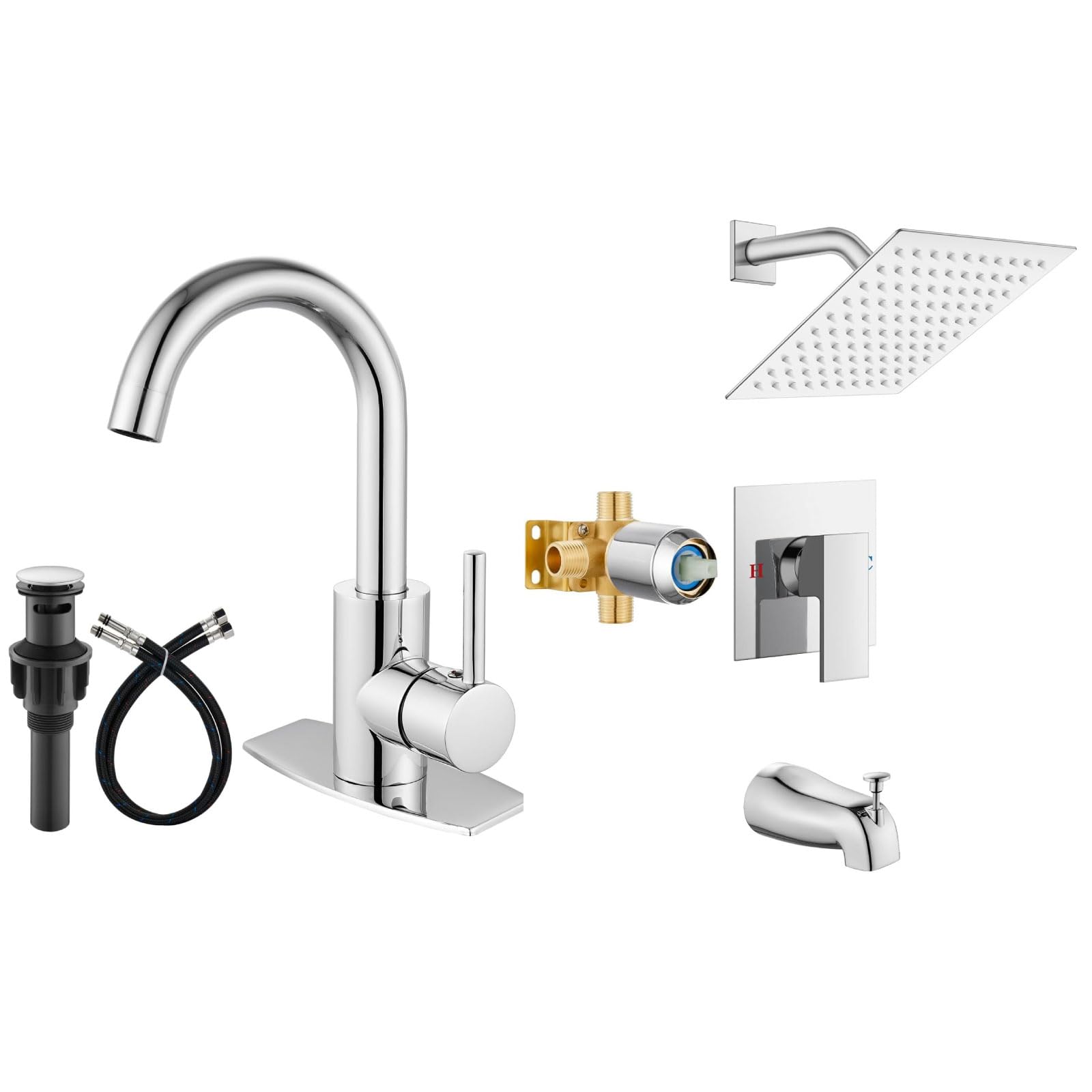 Airuida Bar Sink Faucet Single Hole Single Handle Bathroom Sink Faucet Kitchen Shower Faucet Set with 8 Inch Rainfall Square Showerhead and Tub Spout Bathtub Faucet Kit