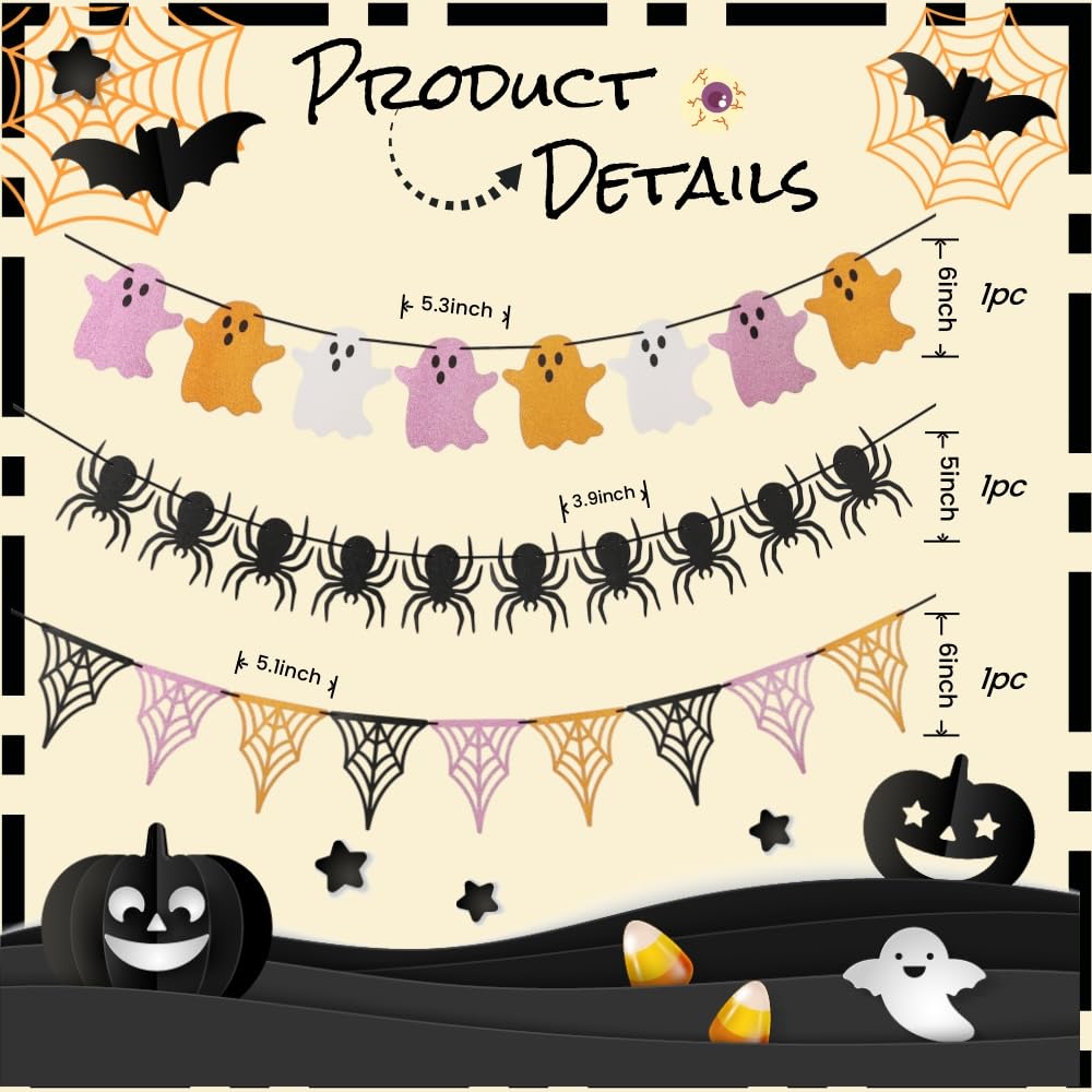 Enanal Halloween Decoration, 51pcs Glittery Ghost Spider and Web Banners with Black Blush 3D Bats Wall Stickers for Happy Halloween Party Supplies Little Boo Cute Halloween Party Decoration