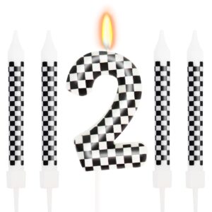 7 Pcs Number 2 Racing Cars Birthday Candle Set, Race Car Theme Cake Topper, Truck Themed Birthday Party Decorations, Black White Checkered Candles