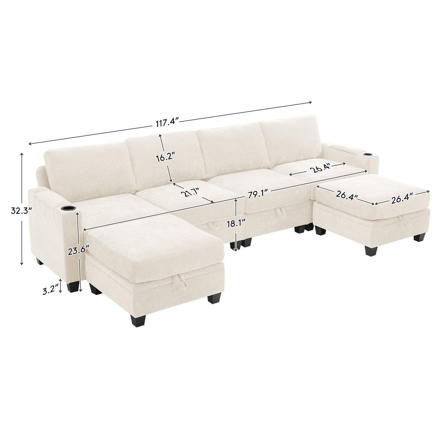 Bumblr 117.4" Convertible Sectional Couch with Storage Seat, 6 Seat Modern U Shaped Sectional Sofa with Double Reversible Chaise, Comfy Chenille Armrest Storage and Cup Holder for Living Room, Beige