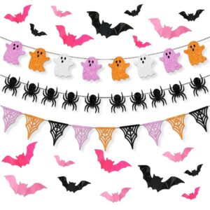 enanal halloween decoration, 51pcs glittery ghost spider and web banners with black blush 3d bats wall stickers for happy halloween party supplies little boo cute halloween party decoration