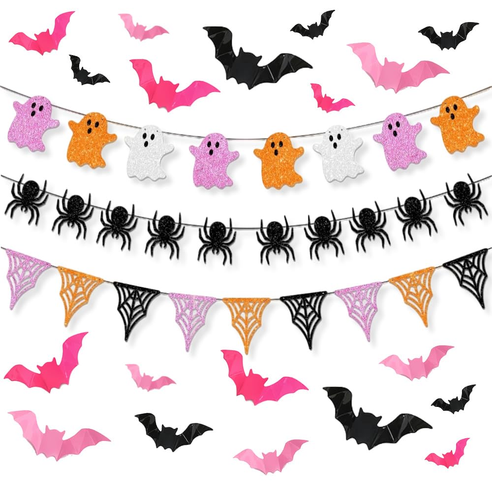 Enanal Halloween Decoration, 51pcs Glittery Ghost Spider and Web Banners with Black Blush 3D Bats Wall Stickers for Happy Halloween Party Supplies Little Boo Cute Halloween Party Decoration