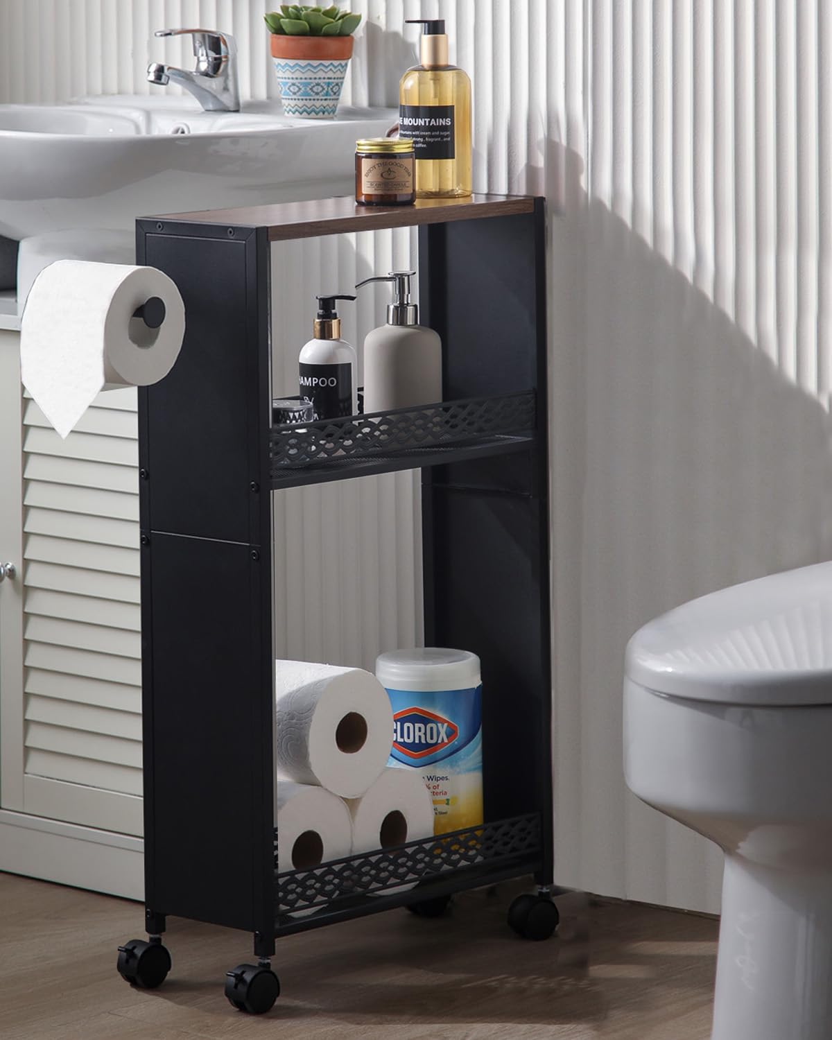 OhuaCason Toilet Paper Holder Stand for Small Bathroom Storage:Skinny Bathroom Storage Cabinet for Small Spaces Tiny Apartment