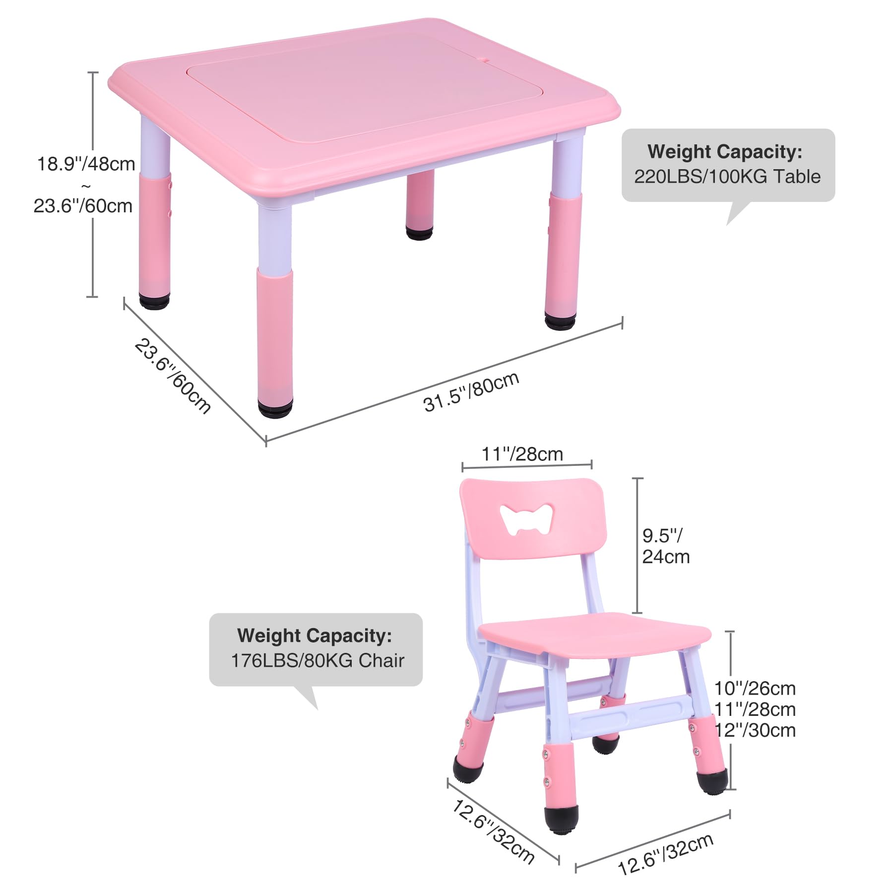 Domaker Table and Chair Set, Multi Activity Height Adjustable Table with 2 Chairs,Pink