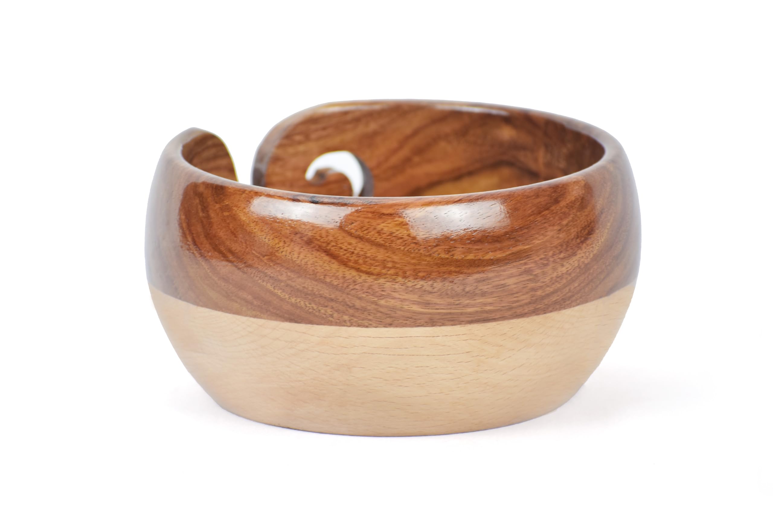 CRAFT INDIA Large Wooden Yarn Bowl | Handmade Knitting Wool Storage Bowl | Yarn Holder Dispenser with Holes to Prevent Slipping and Tangles for Knitting & Crocheting (Brown & Offwhite)