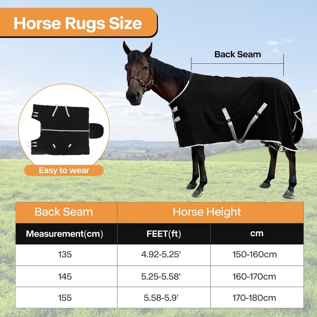 Horse Turnout Blanket, Soft Fleece Horse Cooler, Exercise Horse Sheet Breathable Comfort,No Filling (Black, US 78IN(EU 145CM))