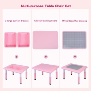 Domaker Table and Chair Set, Multi Activity Height Adjustable Table with 2 Chairs,Pink