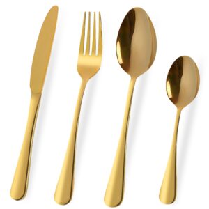 gold ware set, stainless steel 16 piece flatware set for 4, cutlery utensils set include knife/fork/spoon service for 4, mirror polished and dishwasher safe (gold)