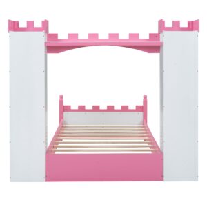 VilroCaz Castle-Shaped Wooden Platform Bed with Storage Shelf, Dreamy Twin Size Kids Platform Bed for Girls Boys Bedroom, Sturdy Slats Support (White+Pink Castle)