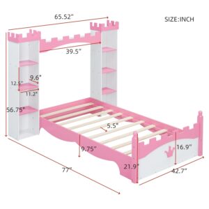 SOFTSEA Twin Size Platform Bed with Storage Shelves, Castle Shaped Bed for Kids, Twin Size Princess Bed for Girls, Kids Twin Bed Frame, No Box Spring Needed, White