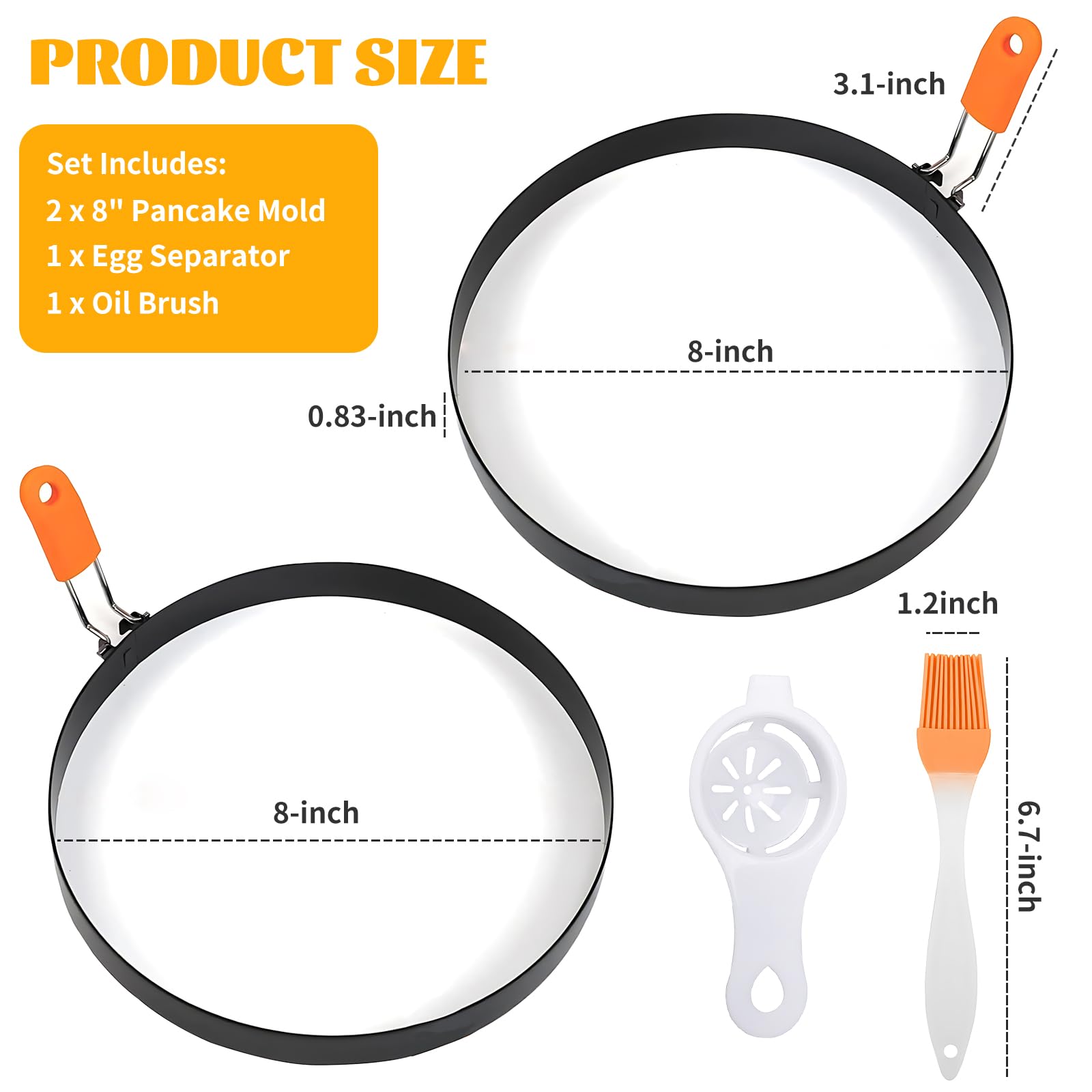 8 Inch Large Omelette Ring for Griddle, 2 Packs 8" Stainless Steel Non-stick Omelet Ring, Round Pancake Rings Griddle Omelette Egg Ring Crumpet Ring Muffin Ring with Silicone Handle