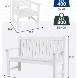 LAHAAP Outdoor Bench Set, Weatherproof Patio Furniture 3 Pieces Conversation Sets, Include Outdoor Bench + 2 Patio Chairs, for Garden Porch Lawn & Backyard (White)