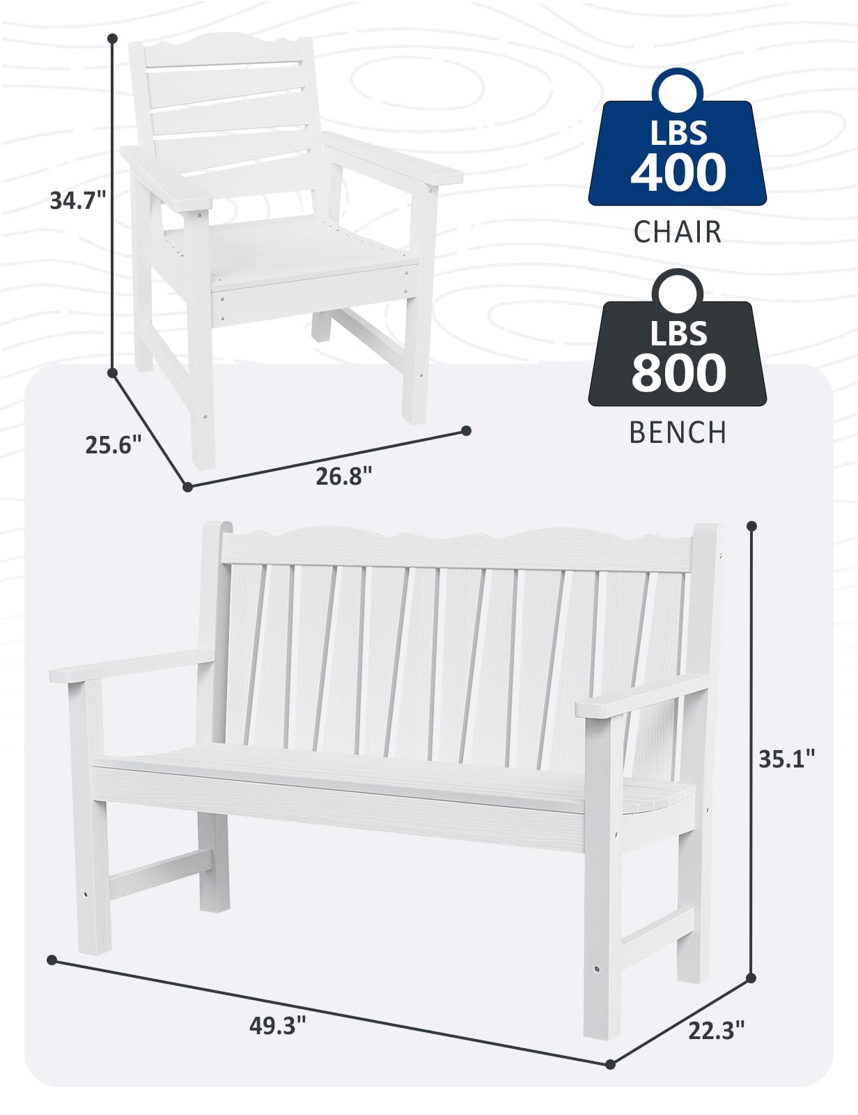 LAHAAP Outdoor Bench Set, Weatherproof Patio Furniture 3 Pieces Conversation Sets, Include Outdoor Bench + 2 Patio Chairs, for Garden Porch Lawn & Backyard (White)