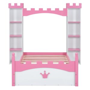 SOFTSEA Twin Size Platform Bed with Storage Shelves, Castle Shaped Bed for Kids, Twin Size Princess Bed for Girls, Kids Twin Bed Frame, No Box Spring Needed, White