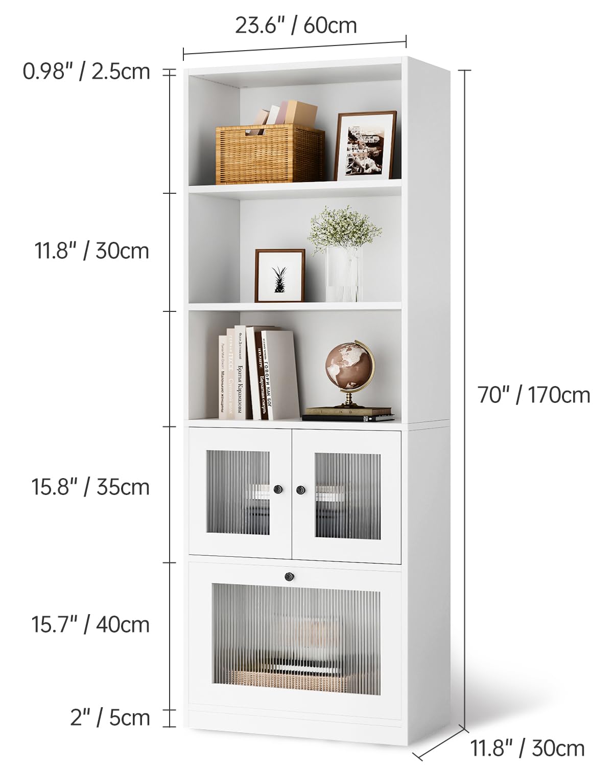 Seeday White Bookcase,5 Shelf Bookshelf and Bookcase with Acrylic Cabinet Doors,Modern Bookcase for Home, Office, and Living Room