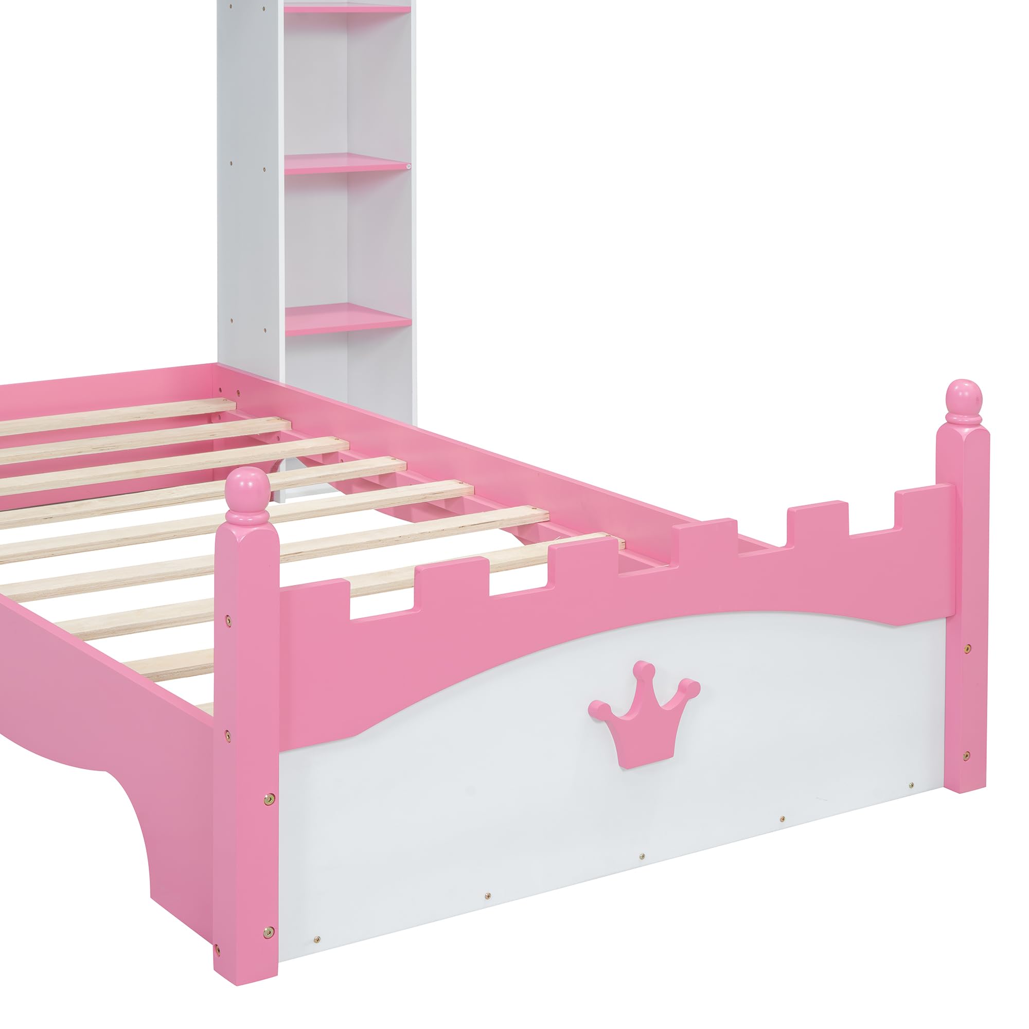 SOFTSEA Twin Size Platform Bed with Storage Shelves, Castle Shaped Bed for Kids, Twin Size Princess Bed for Girls, Kids Twin Bed Frame, No Box Spring Needed, White