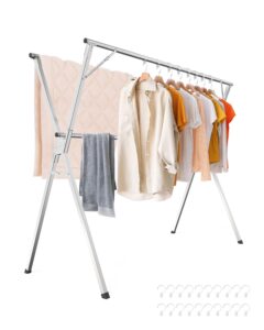 clothes drying rack 63 inches, folding laundry drying rack clothing, foldable garment hanging drying rack for indoor outdoor, heavy duty collapsible laundry hanger dryer rack with 20 windproof hooks