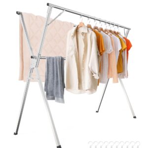 Clothes Drying Rack 63 Inches, Folding Laundry Drying Rack Clothing, Foldable Garment Hanging Drying Rack for Indoor Outdoor, Heavy Duty Collapsible Laundry Hanger Dryer Rack with 20 Windproof Hooks