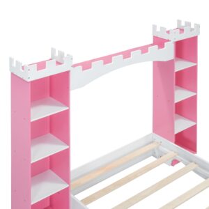 VilroCaz Castle-Shaped Wooden Platform Bed with Storage Shelf, Dreamy Twin Size Kids Platform Bed for Girls Boys Bedroom, Sturdy Slats Support (White+Pink Castle)