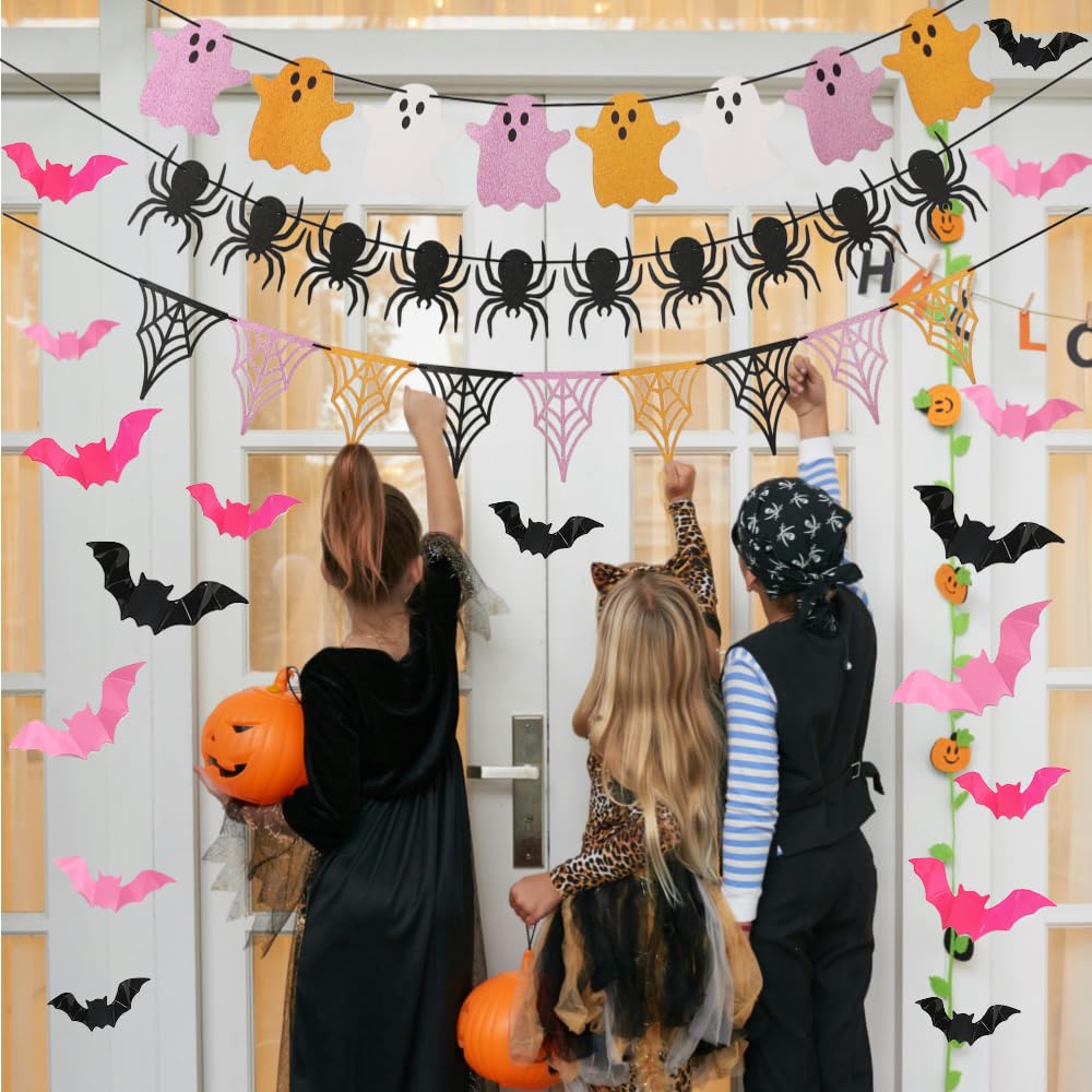 Enanal Halloween Decoration, 51pcs Glittery Ghost Spider and Web Banners with Black Blush 3D Bats Wall Stickers for Happy Halloween Party Supplies Little Boo Cute Halloween Party Decoration