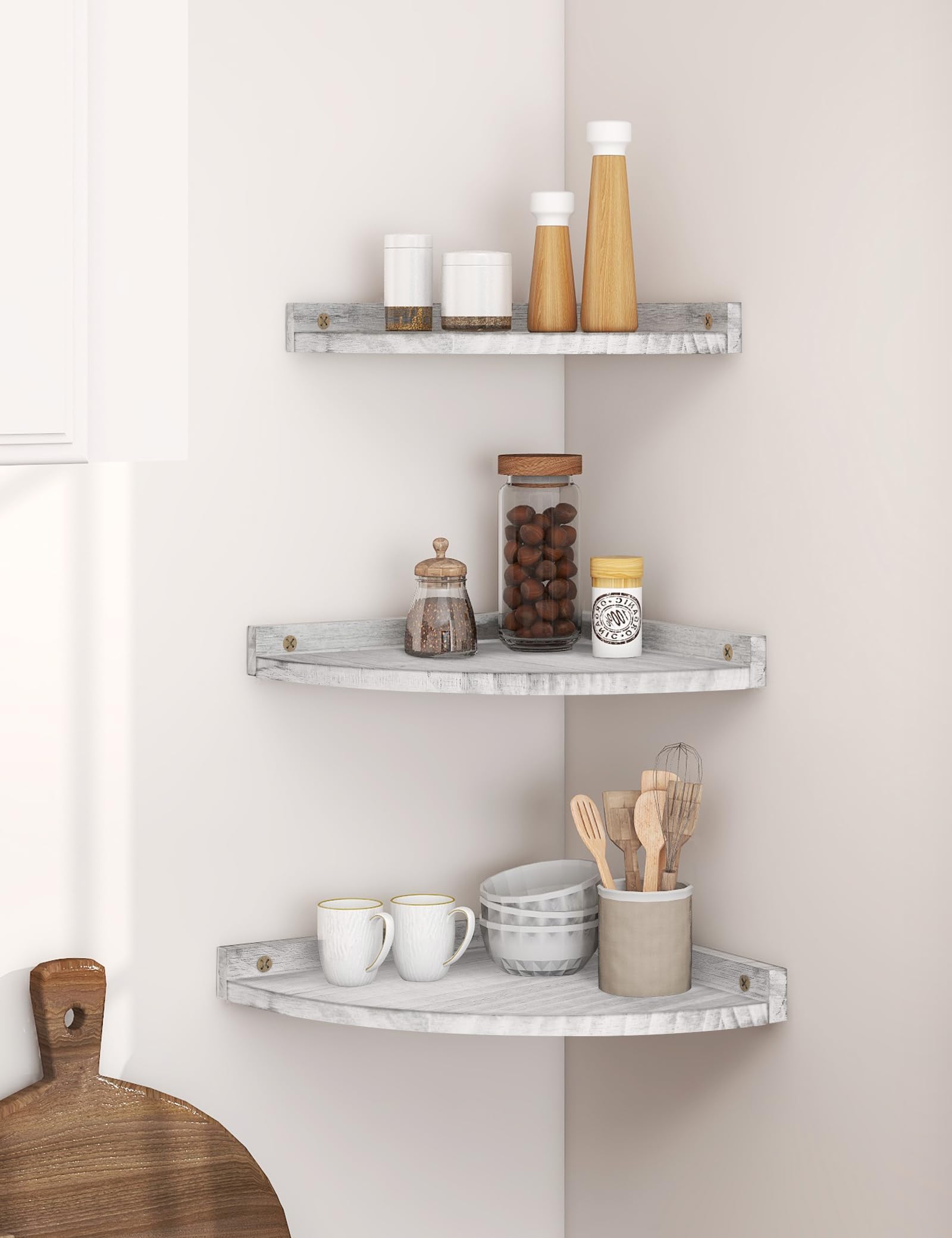 Godimerhea Corner Shelves Wall Mount, Rustic Natural Wood Corner Floating Shelf, Distressed White Storage Organizer Corner Wall Shelves for Living Room Kitchen Bedroom Bathroom Laundry, 9.68x9.68 Inch