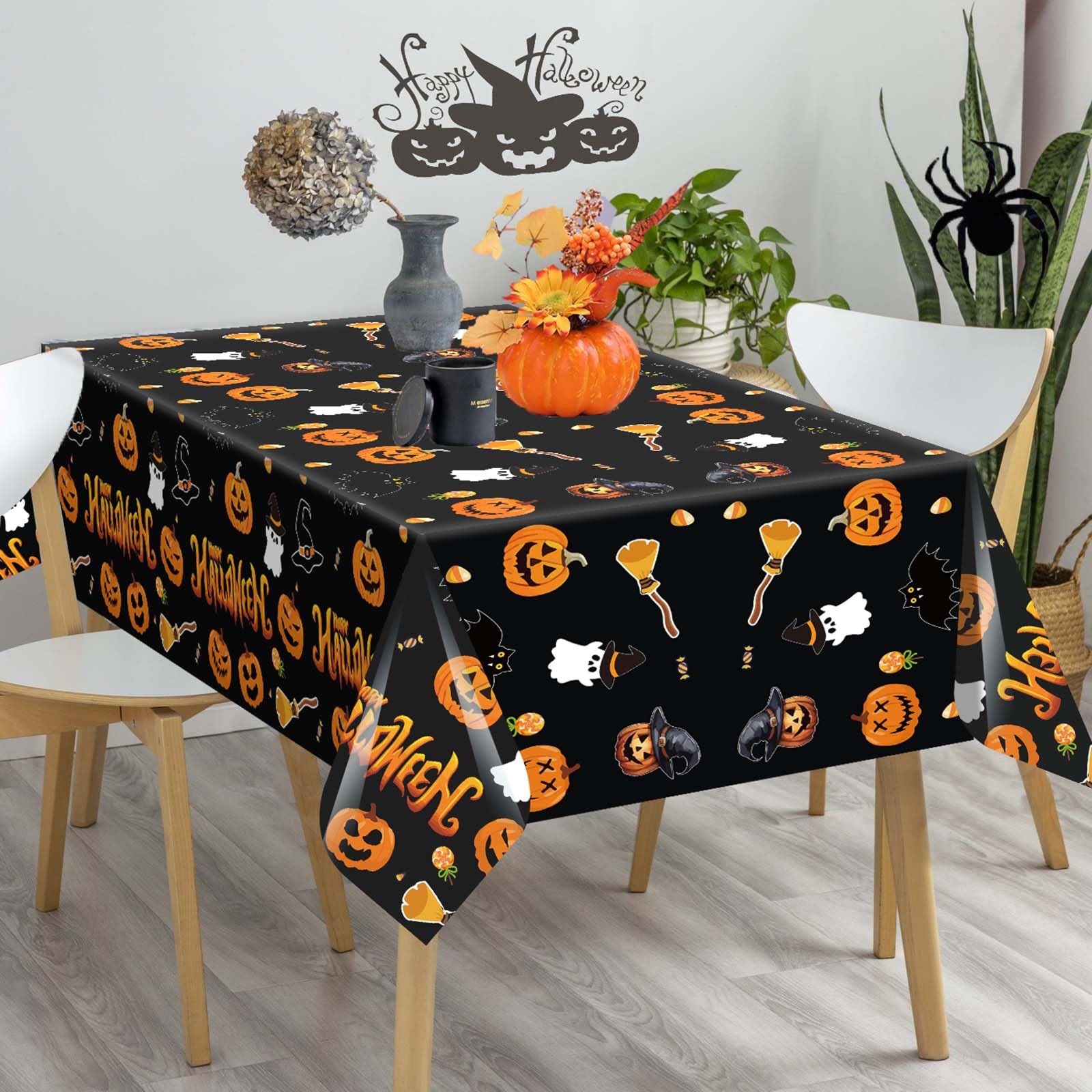 3 Pack Halloween Tablecloth Rectangle 54" x 108" Plastic Table Cloth Disposable Black Camping Table Cover Decorations Cute Pumpkin Ghost Scary Spooky Indoor Outdoor Waterproof Birthday Party Supplies