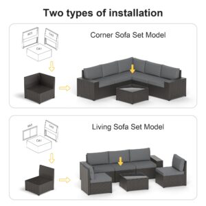 GOJOOASIS 6 Pieces Patio Furniture Set Outdoor Wicker Sectional Conversation Sofa All-Weather Rattan Couch Patio Seating with Cushion and Glass Table for Porch, Poolside, Backyard, Balcony (Gray)