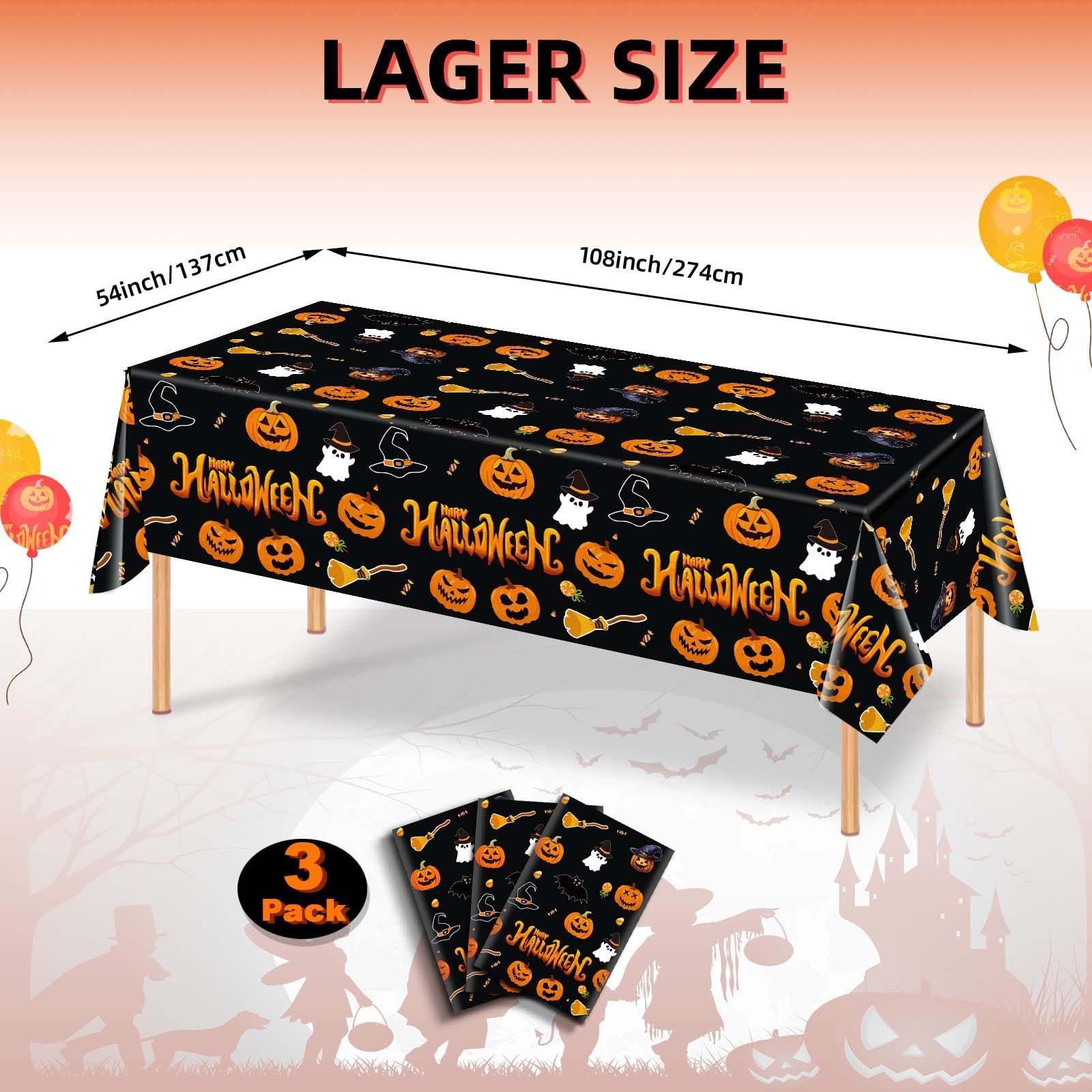 3 Pack Halloween Tablecloth Rectangle 54" x 108" Plastic Table Cloth Disposable Black Camping Table Cover Decorations Cute Pumpkin Ghost Scary Spooky Indoor Outdoor Waterproof Birthday Party Supplies