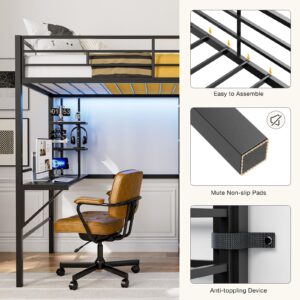 IKIFLY Loft Bed Twin Size with Desk and Storage Shelves, LED Lights & Charging Station, Metal Loft Bed with 13.4” Guardrail and Ladder, Large Fabric Basket, Clothes Rail, No Box Spring Needed, Black