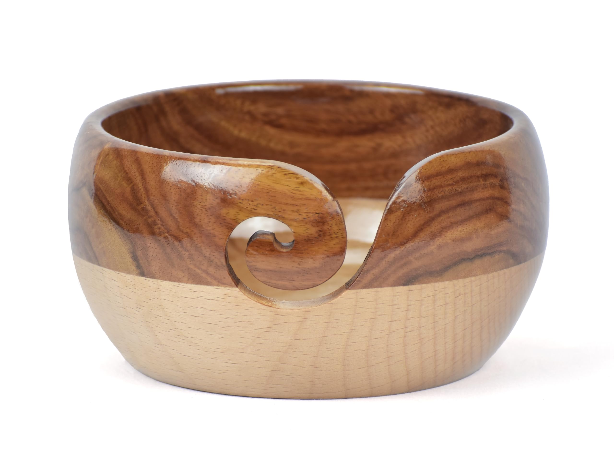 CRAFT INDIA Large Wooden Yarn Bowl | Handmade Knitting Wool Storage Bowl | Yarn Holder Dispenser with Holes to Prevent Slipping and Tangles for Knitting & Crocheting (Brown & Offwhite)