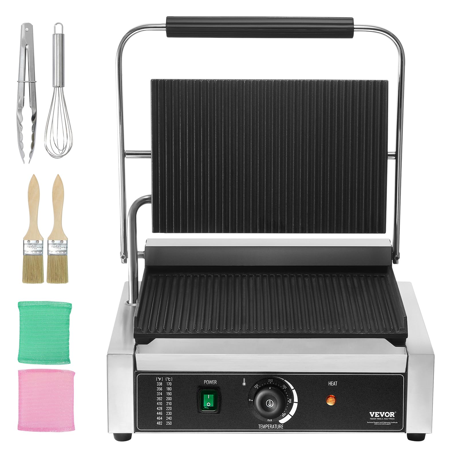 VEVOR Commercial Panini Grill, 1800W Electric Sandwich Panini Maker, Stainless Steel Sandwich Press, Panini Grill with Temp Control & 14"x9" Full Grooved Enamel Plate, for Hamburger Steak Bacon