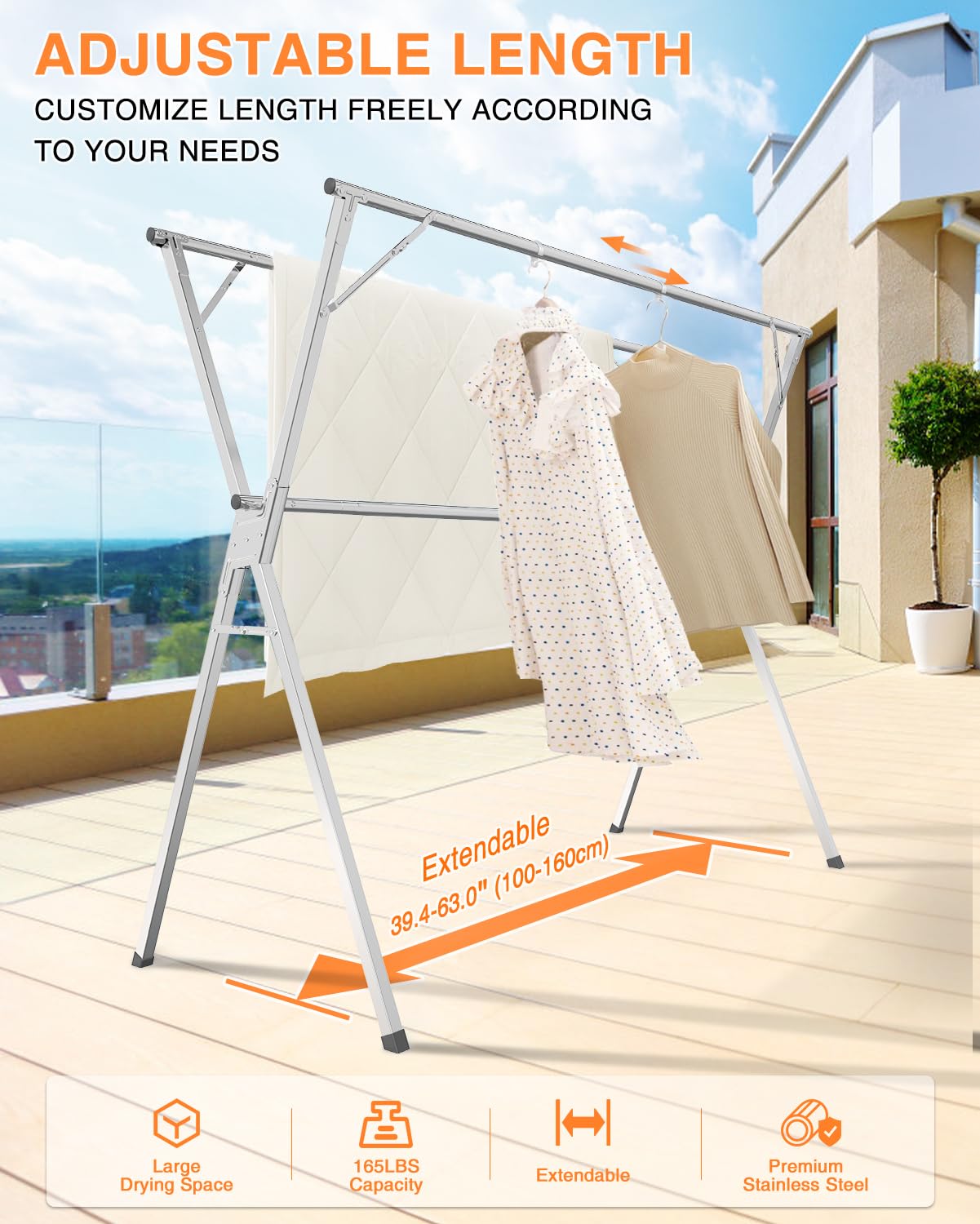 Clothes Drying Rack 63 Inches, Folding Laundry Drying Rack Clothing, Foldable Garment Hanging Drying Rack for Indoor Outdoor, Heavy Duty Collapsible Laundry Hanger Dryer Rack with 20 Windproof Hooks