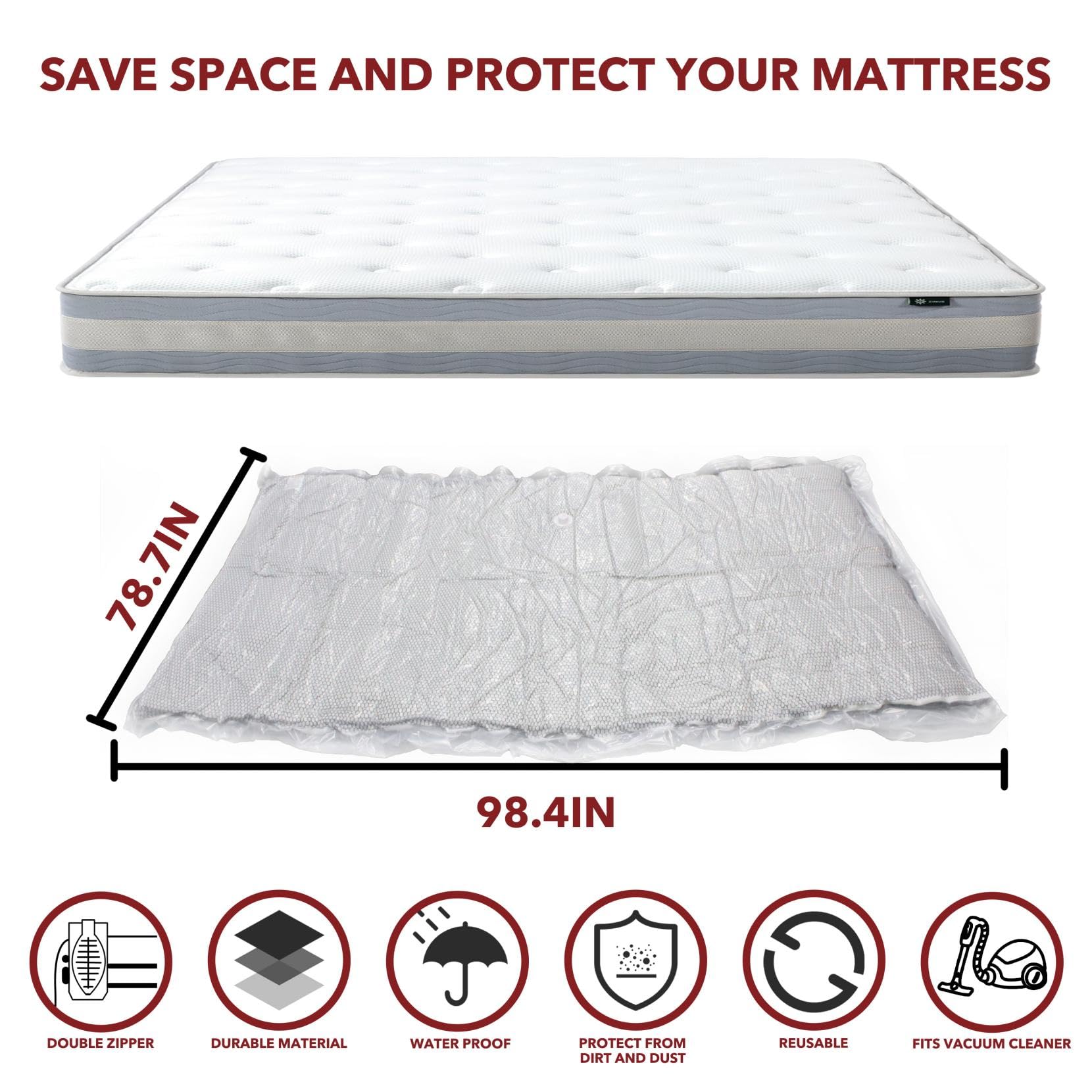 Queen/Full/Full-XL Mattress Vacuum Bag for Moving and Storage, Vacuum Seal Compression Bag for Queen and Full Size Mattresses, Heavy Duty Mattress Bag for Storage, with Sealing Clip and 5 Straps