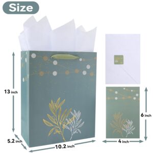 13” Large Green Gift Bag Set with Handles, Greeting Card, Tissue Papers and Stickers for Women Girls for Birthday, Wedding, Anniversary and Mother’s Day, Gold Foil Botanical Design, 1 Pcs