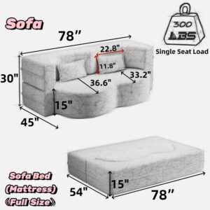 UPYOOE 2-in-1 Folding Sofa Bed, Full Size Foldable Mattress, 2 Pillows, Teddy Futon Sleeper Sofa Bed, Modern Convertible Floor Couch for Living Room, Bedroom, Balcony, Guest Bed, Playroom, RV, White