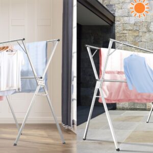 Clothes Drying Rack 63 Inches, Folding Laundry Drying Rack Clothing, Foldable Garment Hanging Drying Rack for Indoor Outdoor, Heavy Duty Collapsible Laundry Hanger Dryer Rack with 20 Windproof Hooks