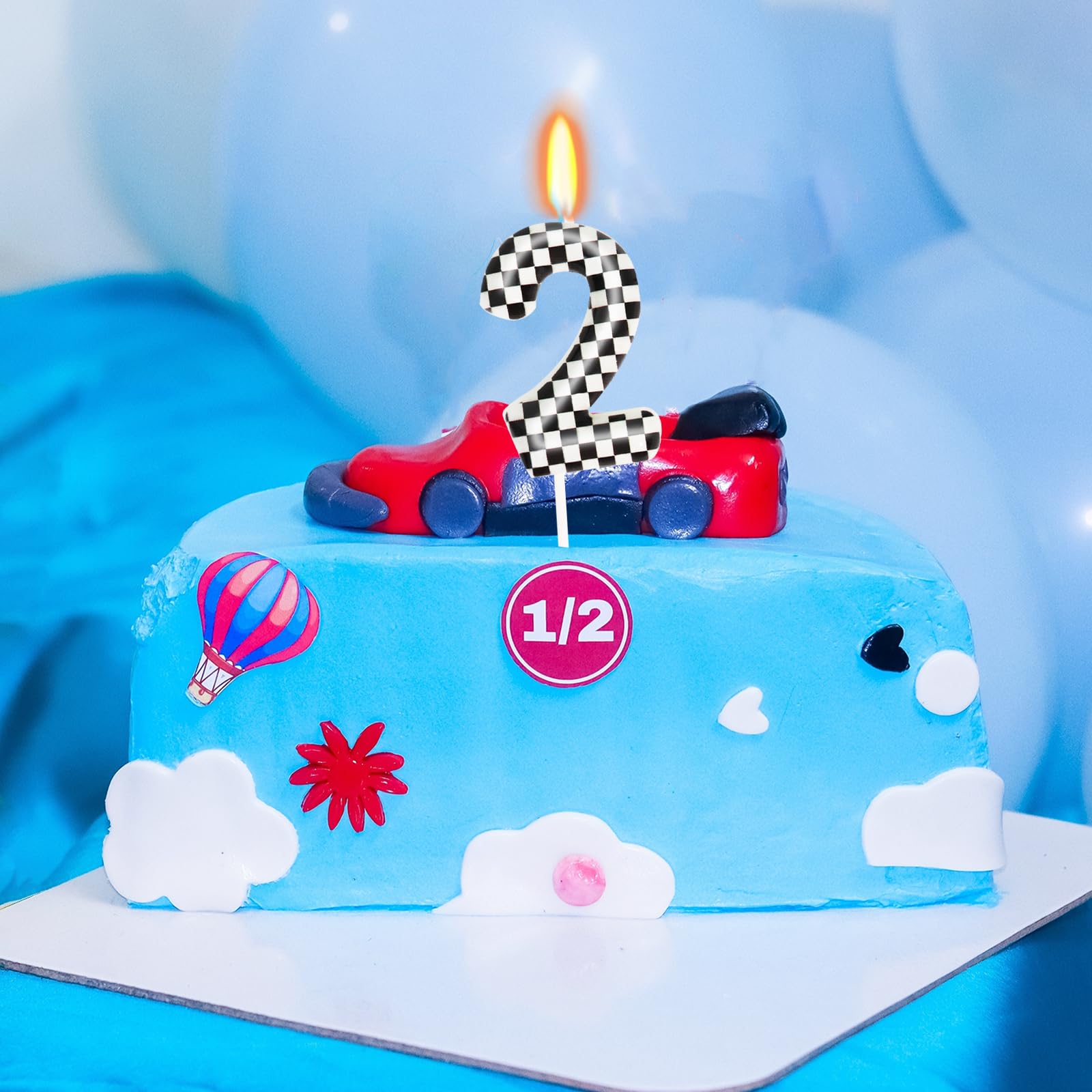 Number 2 Racing Cars Birthday Candle, Race Car Cake Topper, Truck Themed Birthday Party Decorations, Black White Checkered Candles