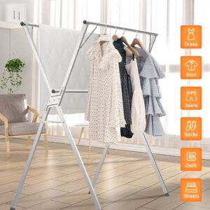 Clothes Drying Rack 63 Inches, Folding Laundry Drying Rack Clothing, Foldable Garment Hanging Drying Rack for Indoor Outdoor, Heavy Duty Collapsible Laundry Hanger Dryer Rack with 20 Windproof Hooks