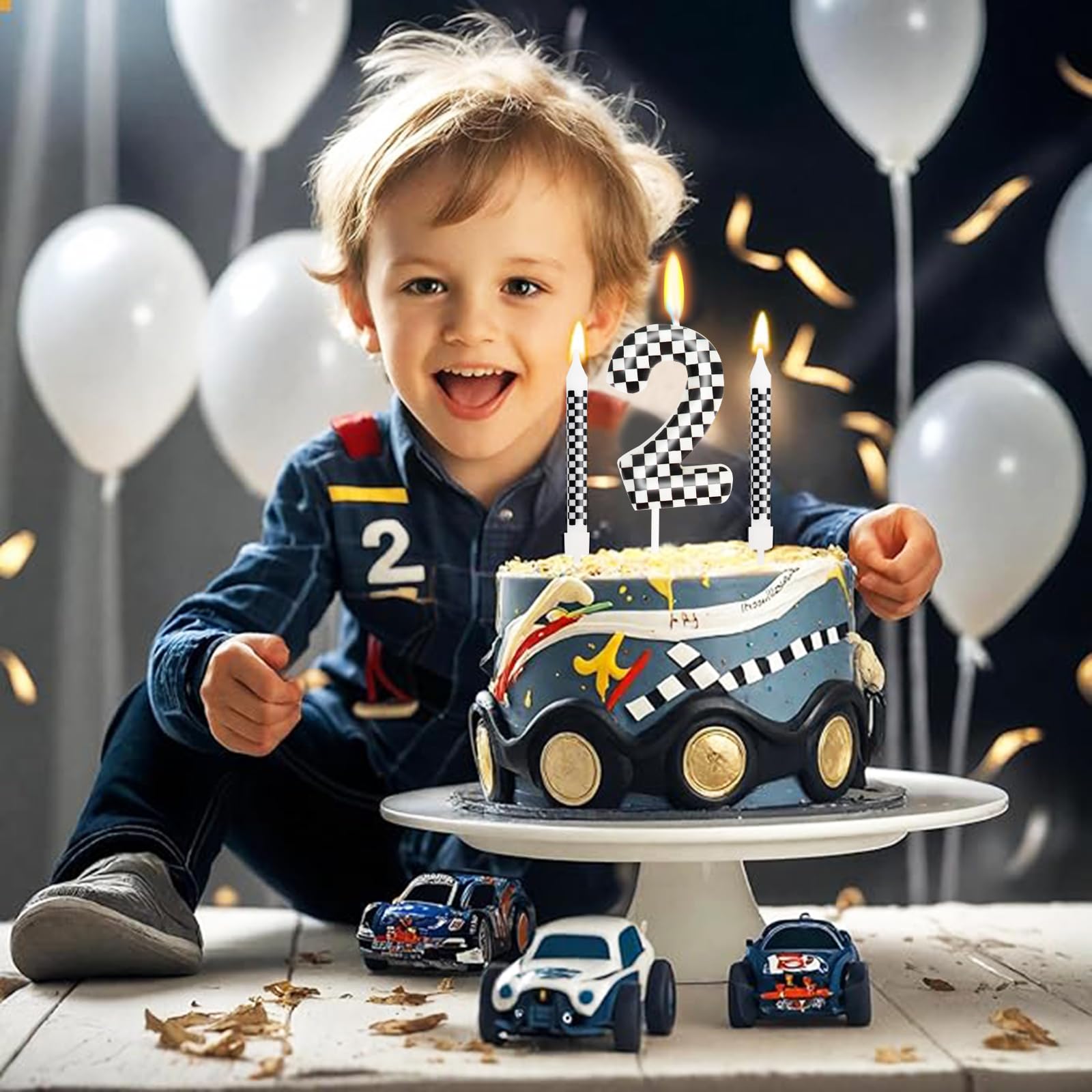 7 Pcs Number 2 Racing Cars Birthday Candle Set, Race Car Theme Cake Topper, Truck Themed Birthday Party Decorations, Black White Checkered Candles