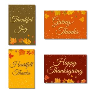 mie creations thanksgiving cards with envelopes, 24 bulk assorted fall harvest season greeting cards uv spot, 4 designs, boxed set giving thanks gratitude notecards for family, friends- 4x6 inches