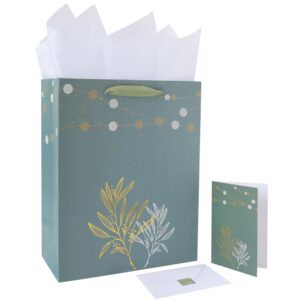 13” large green gift bag set with handles, greeting card, tissue papers and stickers for women girls for birthday, wedding, anniversary and mother’s day, gold foil botanical design, 1 pcs