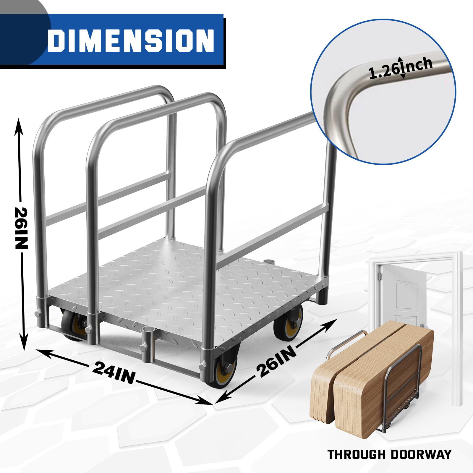 Panel Cart, Heavy Duty Flatbed Cart with 5In Swivel Caster 1500LBS Weight Capacity Lumber Drywall Mattress Cart Transporting Heavy Loads with Ease and Efficiency 2PCS Straps for Platform Truck