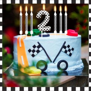 7 Pcs Number 2 Racing Cars Birthday Candle Set, Race Car Theme Cake Topper, Truck Themed Birthday Party Decorations, Black White Checkered Candles