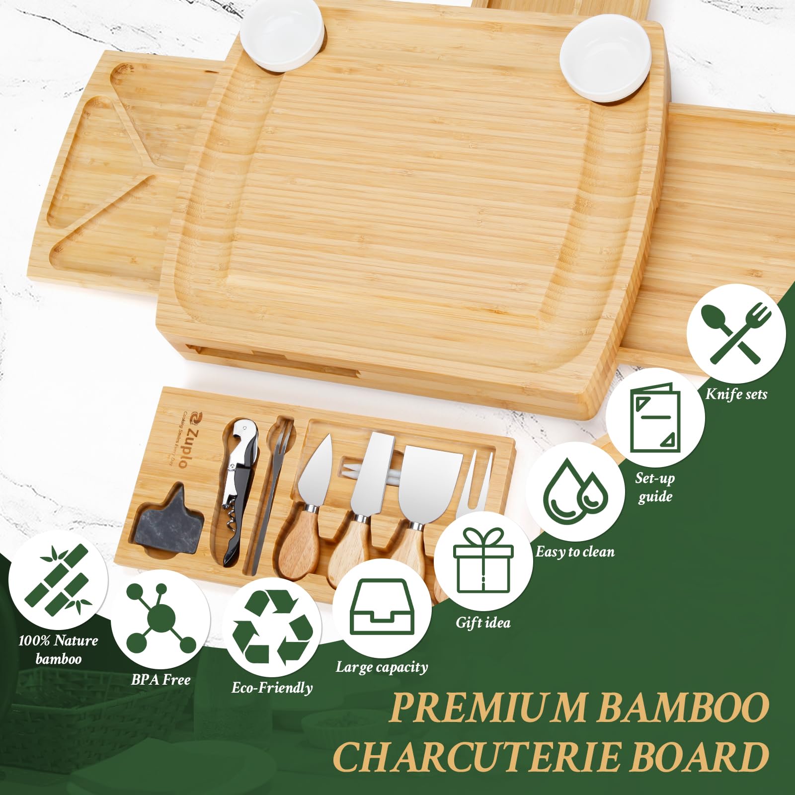 Zuplo Large Charcuterie Board Gift Set - Bamboo Cheese Board and Knife Set: Wooden Tray Movie Night Snack Trays House Warming Gifts for New Home/Wedding/Couple/Cool Bridal Showe/Christma/Anniversary