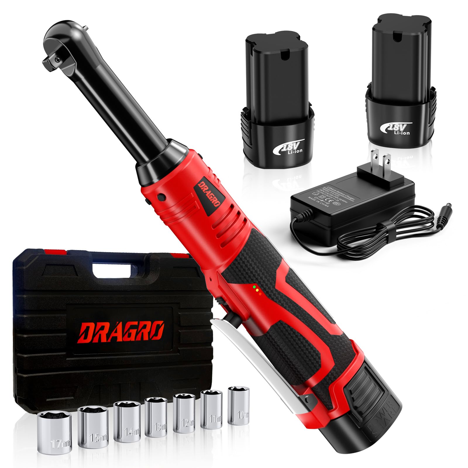 Dragro 3/8" 18V Extended Cordless Ratchet Wrench, 40 Ft-Lbs 450RPM 4 Inch Electric Power Ratchet Wrenches with 2Pcs 2000 mAh Batteries, Battery Powered Ratchet Driver with 7 Sockets, Variable Speed