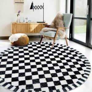 Lacomfy Checkered Rug 5.2Ft Round Modern Rug Circle Buffalo Plaid Check Bedroom Carpet Nonslip Farmhouse Floor Mat Washable Checkerboard Area Rug for Living Room Home Decor, Black