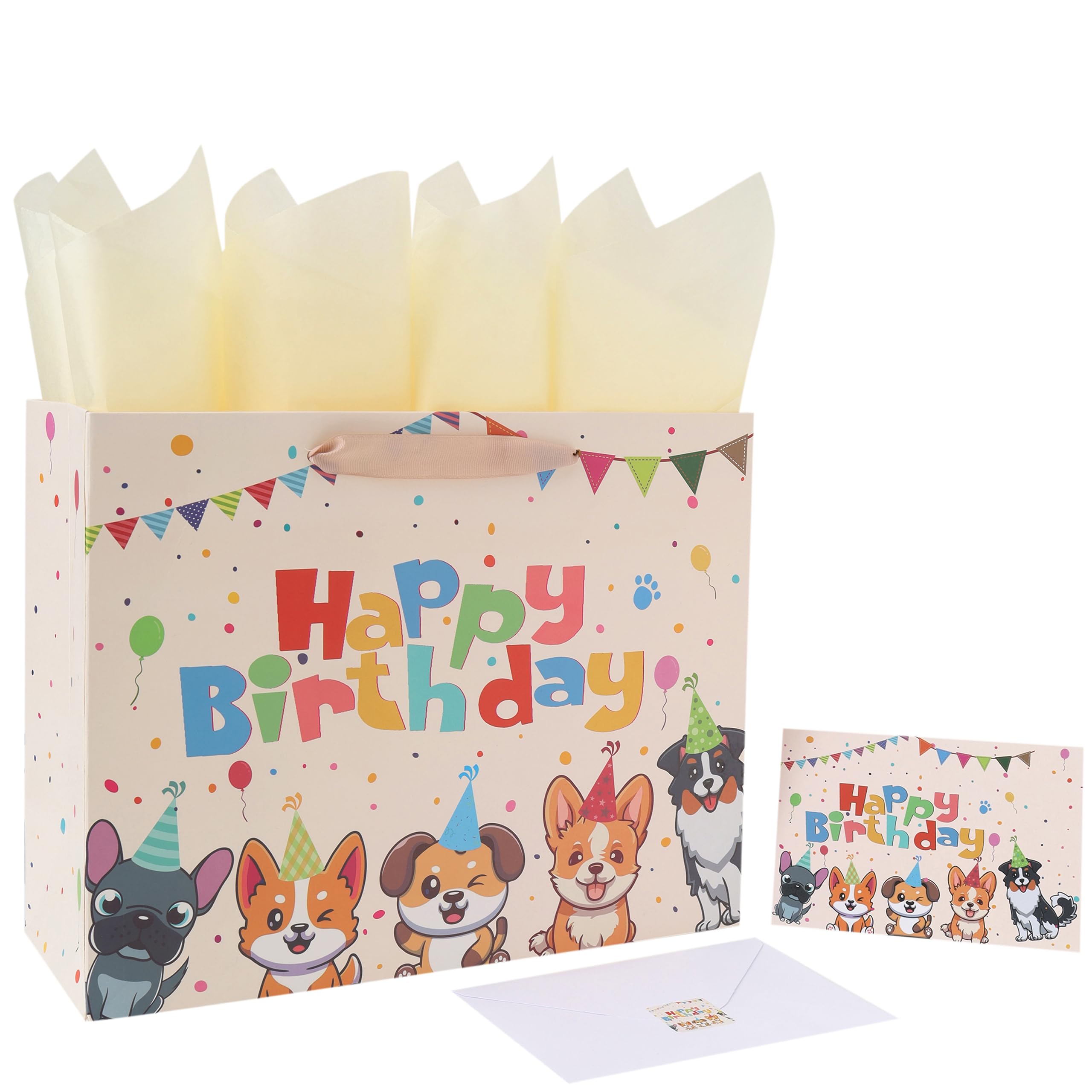 13” Large Dog Happy Birthday Gift Bag Set with Handles, Greeting Card, Tissue Papers and Stickers for Girl Boy Kid Women Men, Cream Puppy Design, 1 Pcs