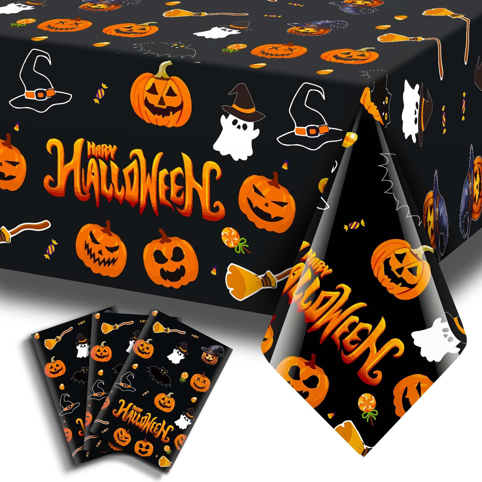 3 Pack Halloween Tablecloth Rectangle 54" x 108" Plastic Table Cloth Disposable Black Camping Table Cover Decorations Cute Pumpkin Ghost Scary Spooky Indoor Outdoor Waterproof Birthday Party Supplies